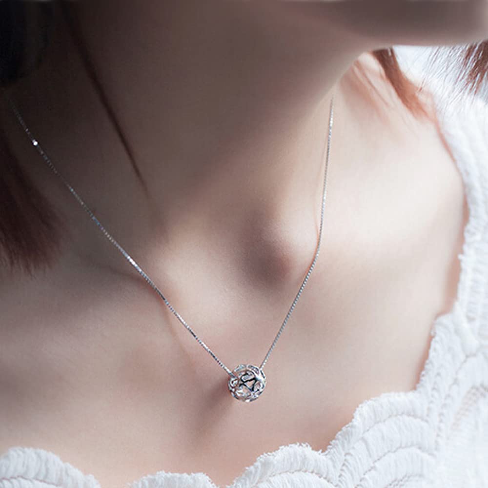 Dankadi Women 925 Sterling Silver Necklace - Pattern Hollow Ball Pendant Choker- Charm Box Chain 17" - Italian Silver Fine Jewelry Gift