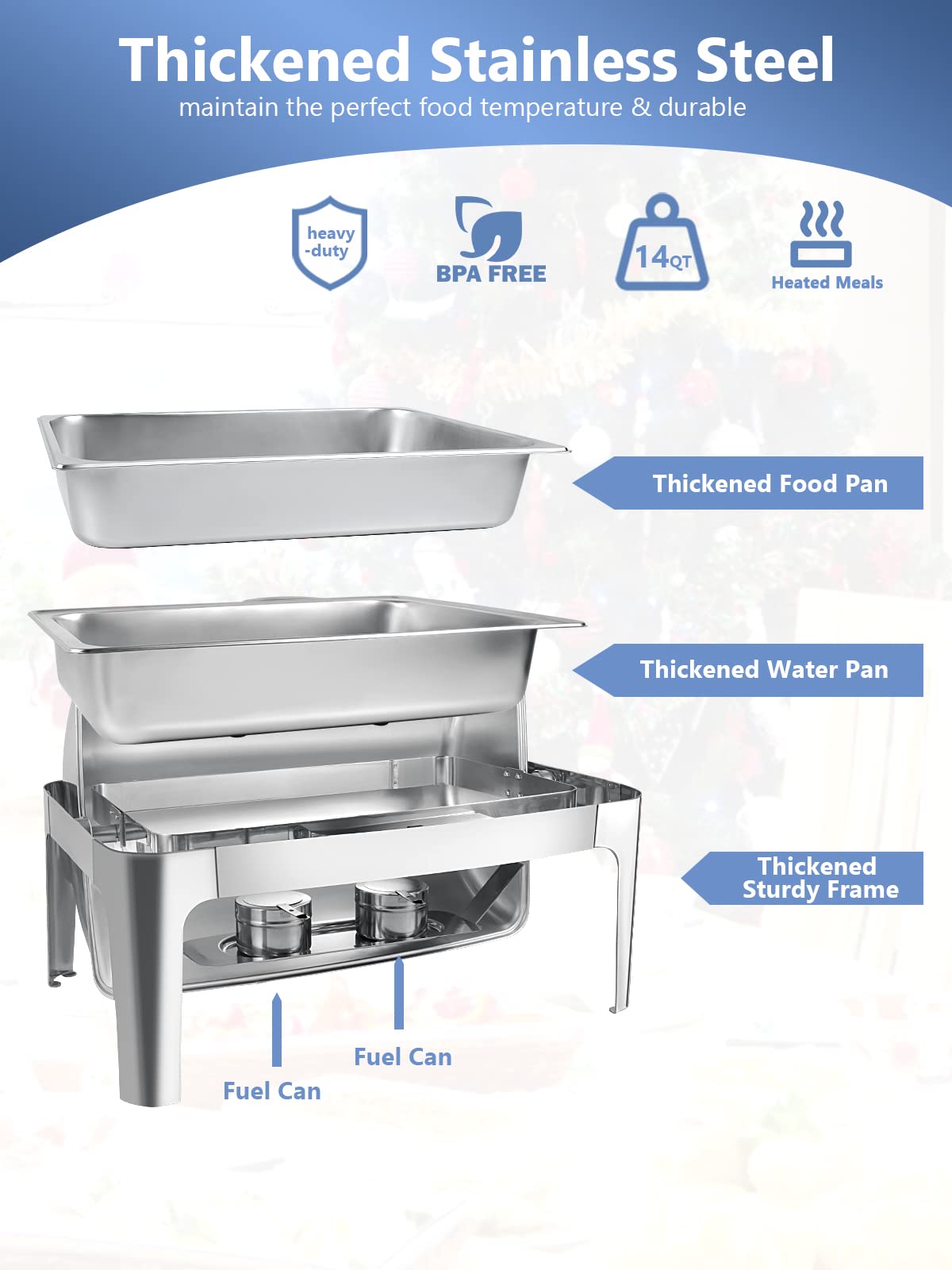Granvell Rectangular Roll Top Chafing Dish Buffet Set, Catering Food Warmer for Parties, Wedding, Birthday, Christmas, 1 Full Size & 2 Half-Size Chafing Server Dish, 14QT Water Pan