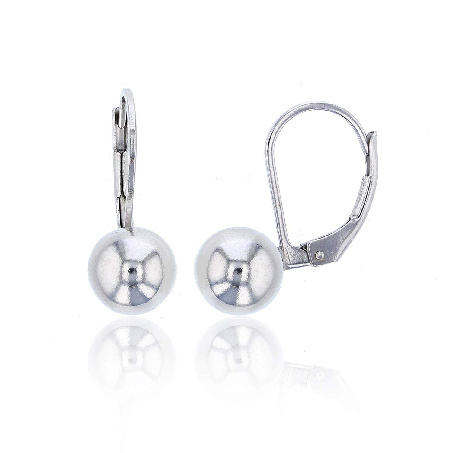 DECADENCE Sterling Silver Polished Rhodium Ball Drop Dangling Bead Leverback Earrings for Women | 6mm Round Drop Lever Earrings | Secure Snap Back Closure | 14k Plated Shiny Classic Earrings