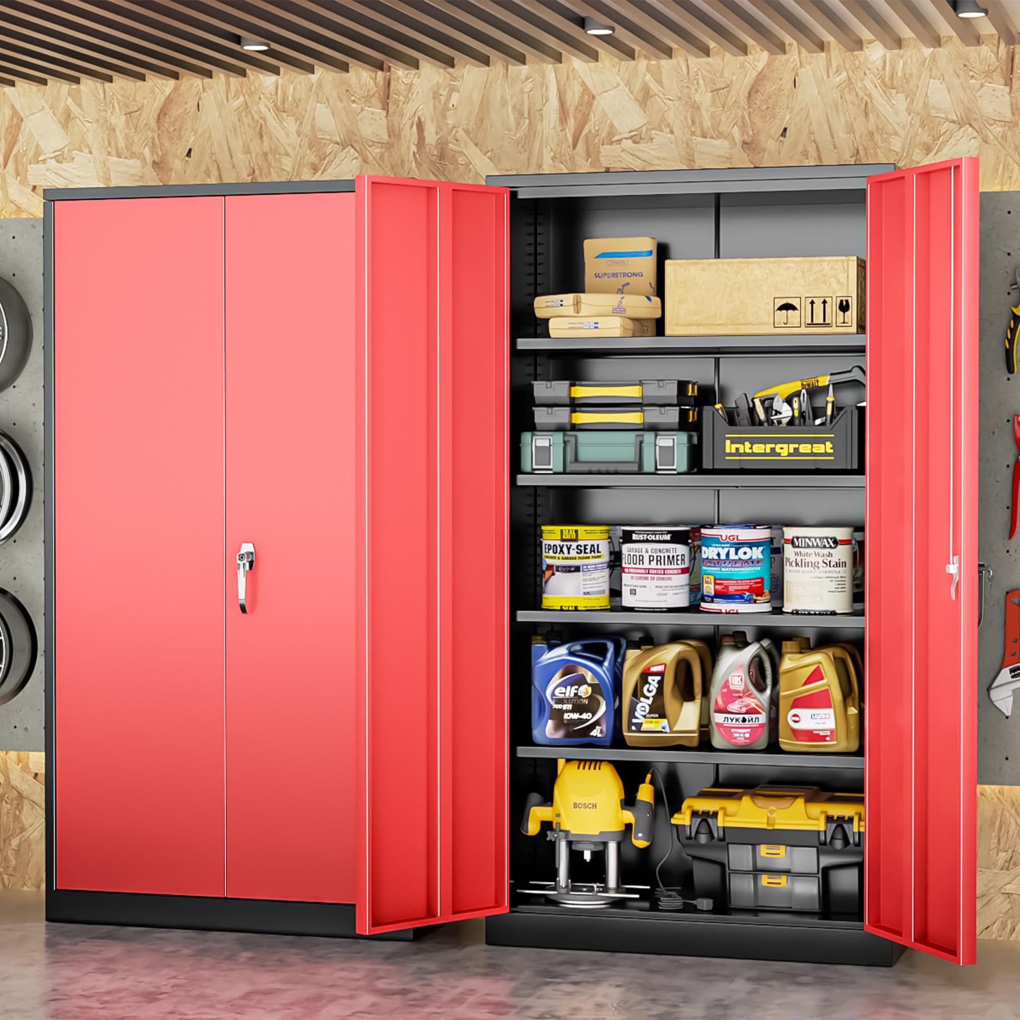 INTERGREAT Metal Storage Cabinet, 72" Tall Locking Storage Cabinet with 2 Doors and 4 Adjustable Shelves, Steel Tool Locking Cabinet for Home Office, Warehouse, School (Black Red)