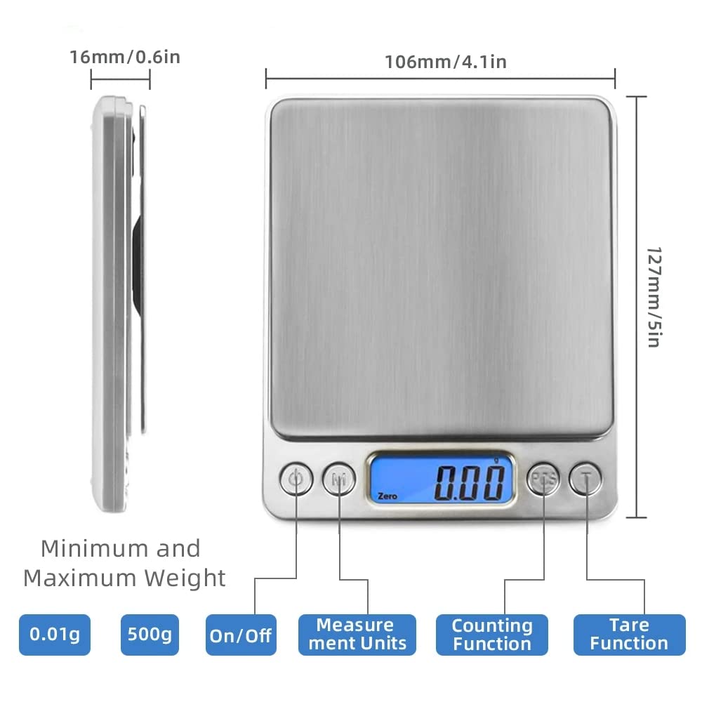 Digital Kitchen Scale 2000g x 0.1g Jewelry Cooking Food Scale Stainless Steel (Batteries Included) with 2 Clear Expanding Trays