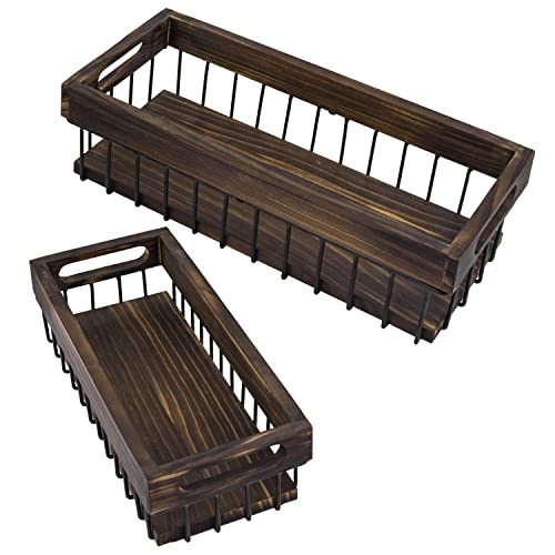 MyGift Country Rustic Burnt Wood Nesting Storage Basket with Black Metal Wire Frame, Decorative Organizer Crates Fruit Basket with Cutout Handles, Set of 2