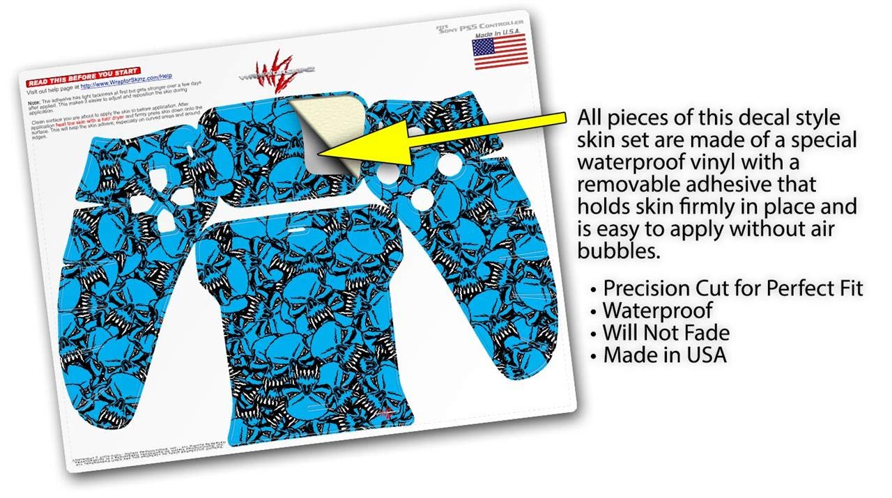 WraptorSkinz Skin Wrap compatible with Sony PS5 DualSense Controller Scattered Skulls Neon Blue (CONTROLLER NOT INCLUDED)