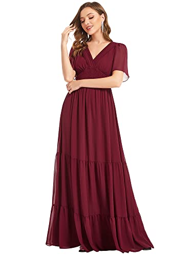 Ever-Pretty Women's Chiffon V Neck Back Lace up Short Sleeves Pleated Maxi Bridesmaid Dress Burgundy US10