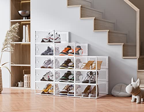 HOMIDEC 12 Pack Shoe Storage Box, Clear Plastic Stackable Sneaker Box, Shoe Organizer for Closet Under Bed Entryway(White)