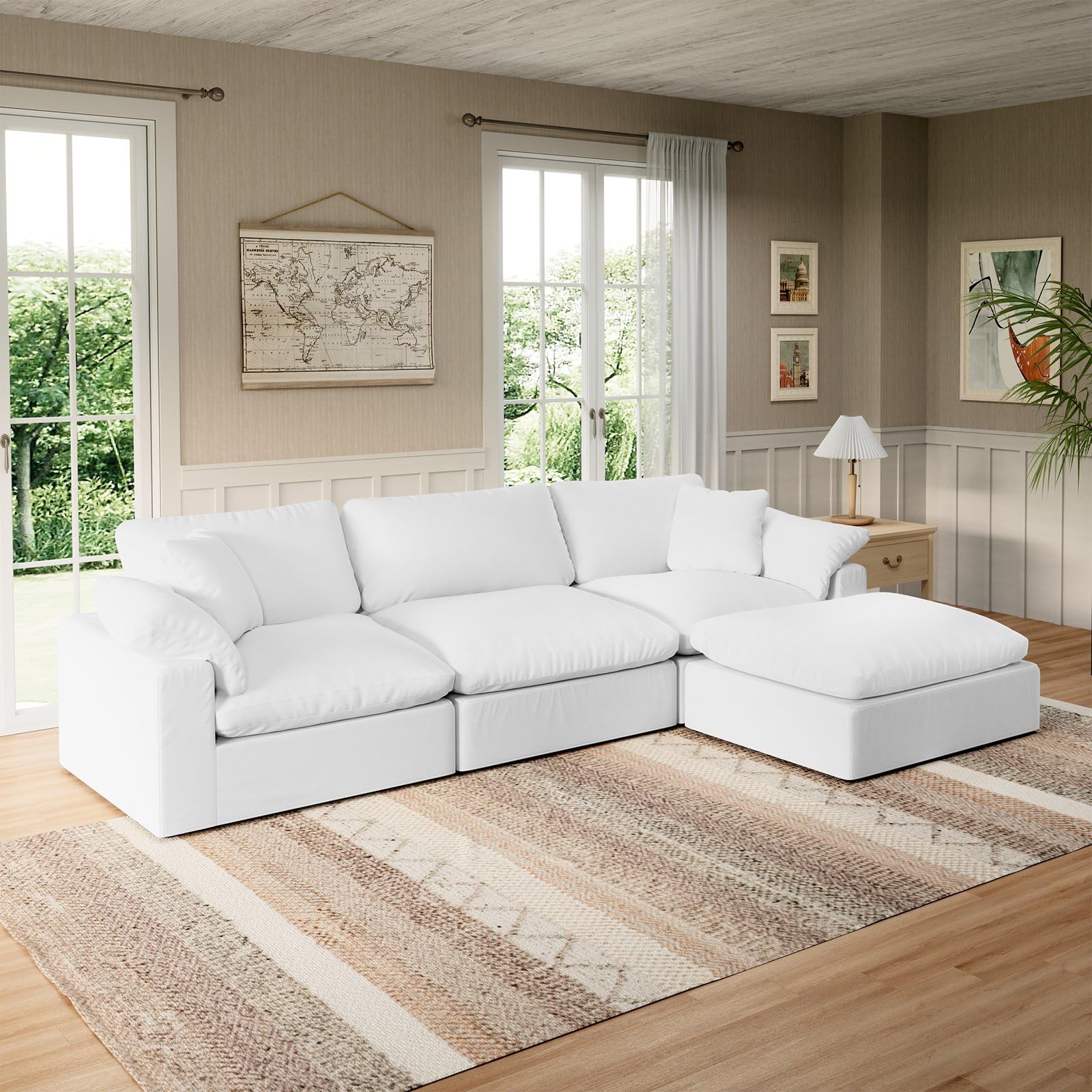 Intuition Decor Modular Sectional Sofa Cloud Couch,Down Filled Comfy Cloud Modern Sofa,White Linen L Shape Oversized Couch Cushion Covers Removable for Living Room, 3 Seater+1 Ottoman