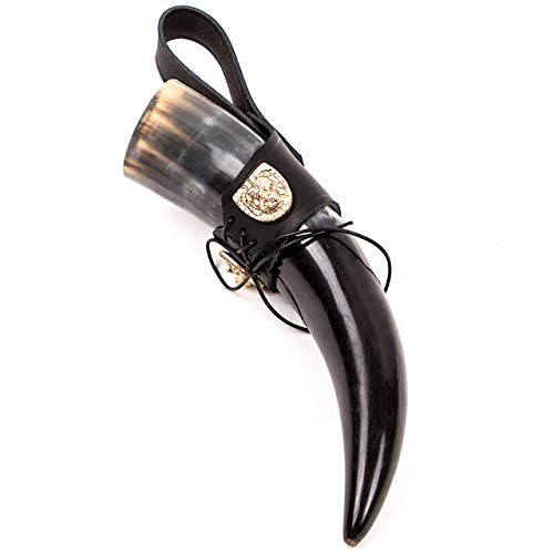 Mythrojan THE LION ALWAYS PAYS ITS DEBTS - Viking Drinking Horn with Black Leather holder Authentic Medieval Inspired Viking Wine/Mead Mug β Polished Finish