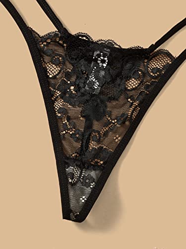 SOLY HUX Women's Sexy 3 Piece G-String Lace Thongs V Cheeky Underwear Panties Black Red Navy Blue M