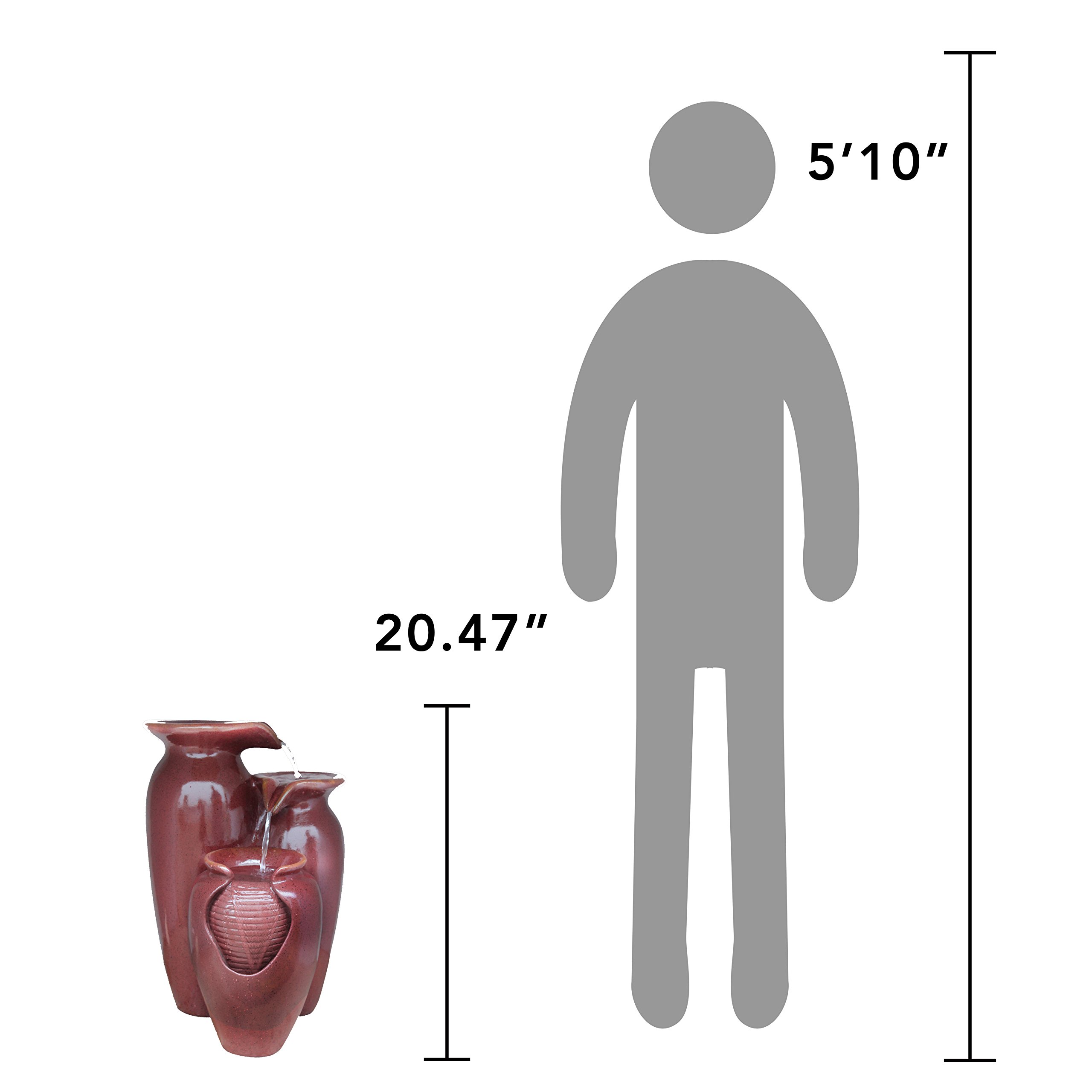 Teamson Home Jar 3 Tiered Floor Waterfall Fountain with Pump for Outdoor Patio Garden Backyard Decking, 20 Inch Height, Brown