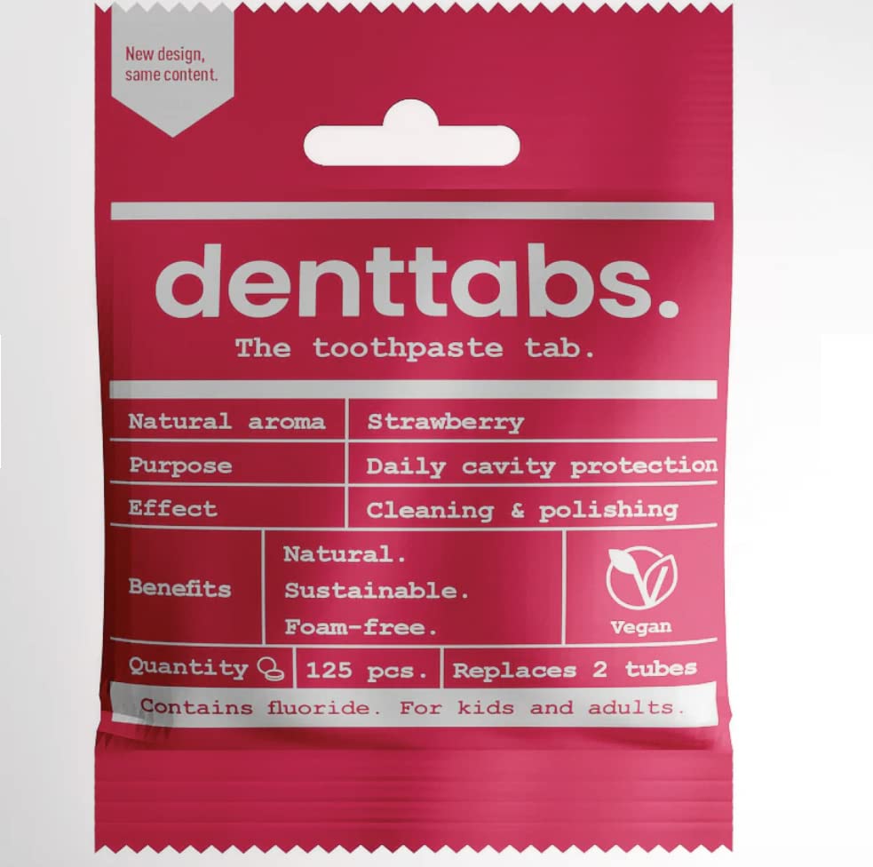 Denttabs Strawberry Flavor Toothpaste Tooth Cleaning Tablets for Kids (Fluoride Free)