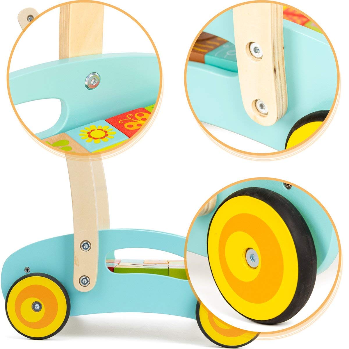 cossy Wooden Baby Learning Walker Toddler Toys for 1 Year Old Forest Theme Blocks & Roll Cart Push Toy (37 Pcs) Updated Version