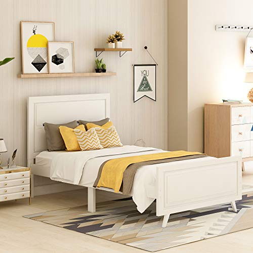 HomJoones Wood Platform Bed Twin Bed Frame Mattress Foundation Sleigh Bed with Headboard/Footboard/Wood Slat Support,Twin (White)