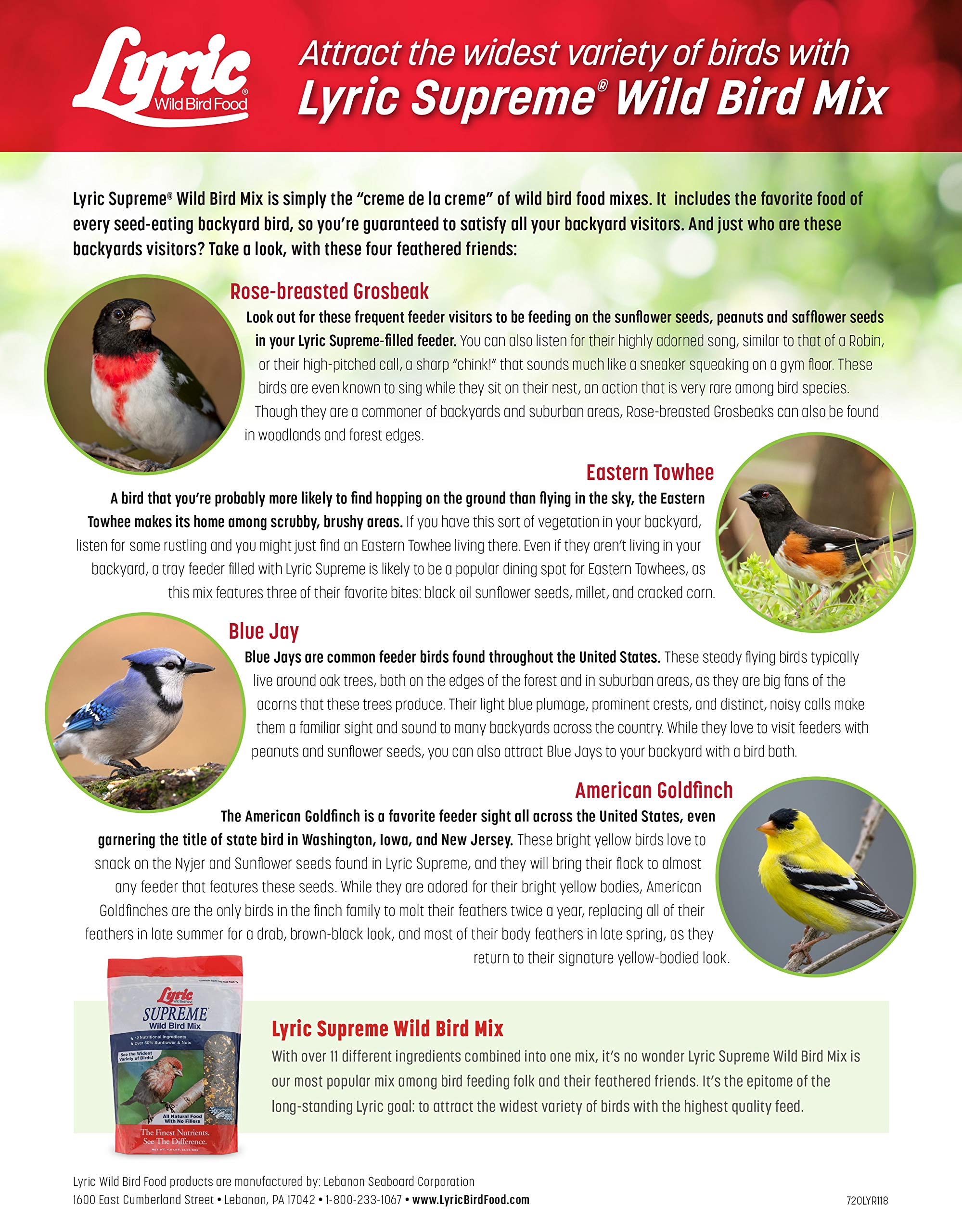 Lyric Supreme Wild Bird Seed, Wild Bird Food Mix with Nuts and Sunflower Seeds, 20 lb. Bag