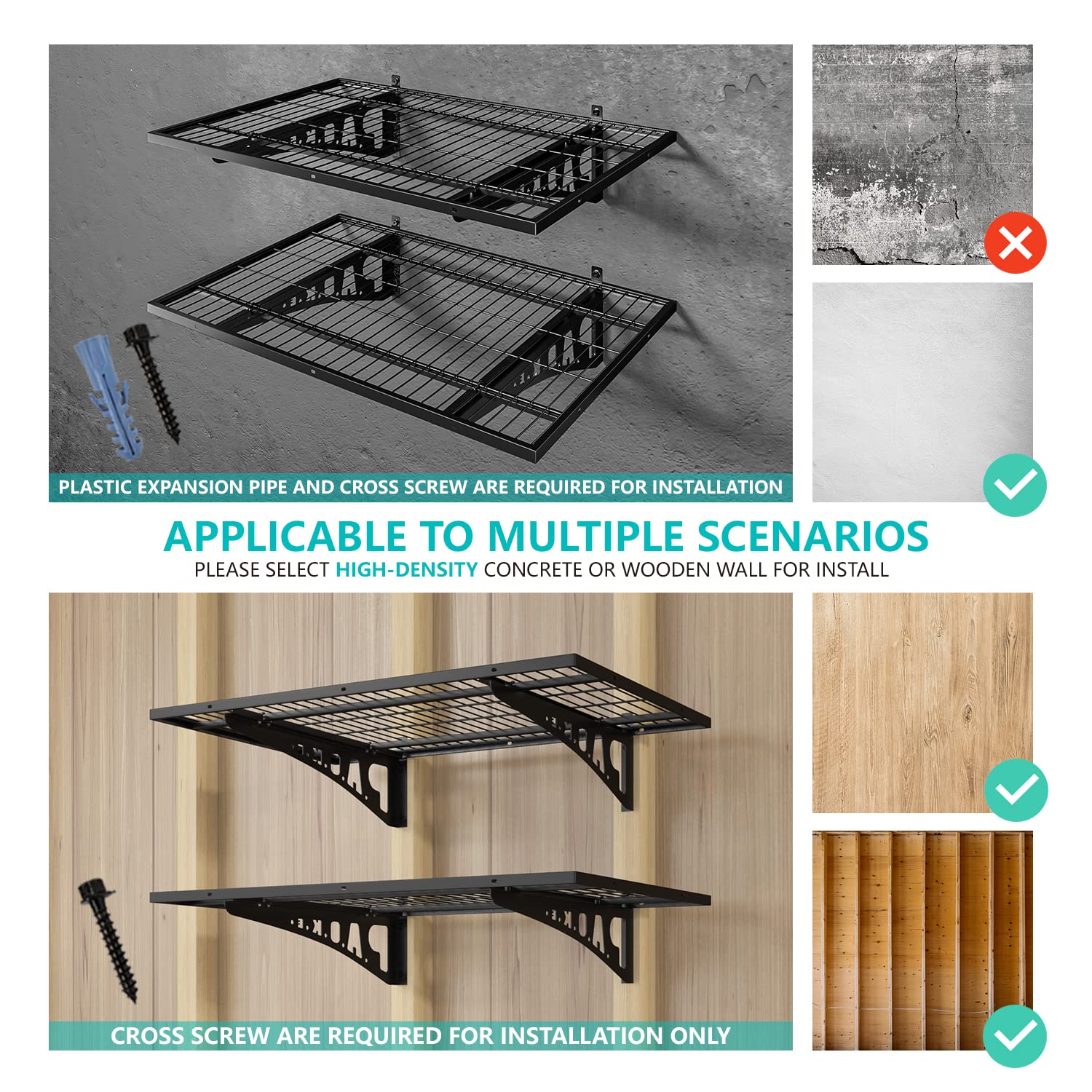 PAOKE Garage Wall Shelving, Heavy Duty Floating Shelves, Load Capacity Up to 1000 lbs, Easily Mounted on The Wall to Save Space in The Garage (1.5x3.8ft Black 4Pack)