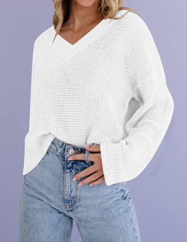 MIROL Women's Waffle Knit Cropped Top V Neck Long Sleeve Pullover Sweater Casual Solid Crop Sweatshirts White