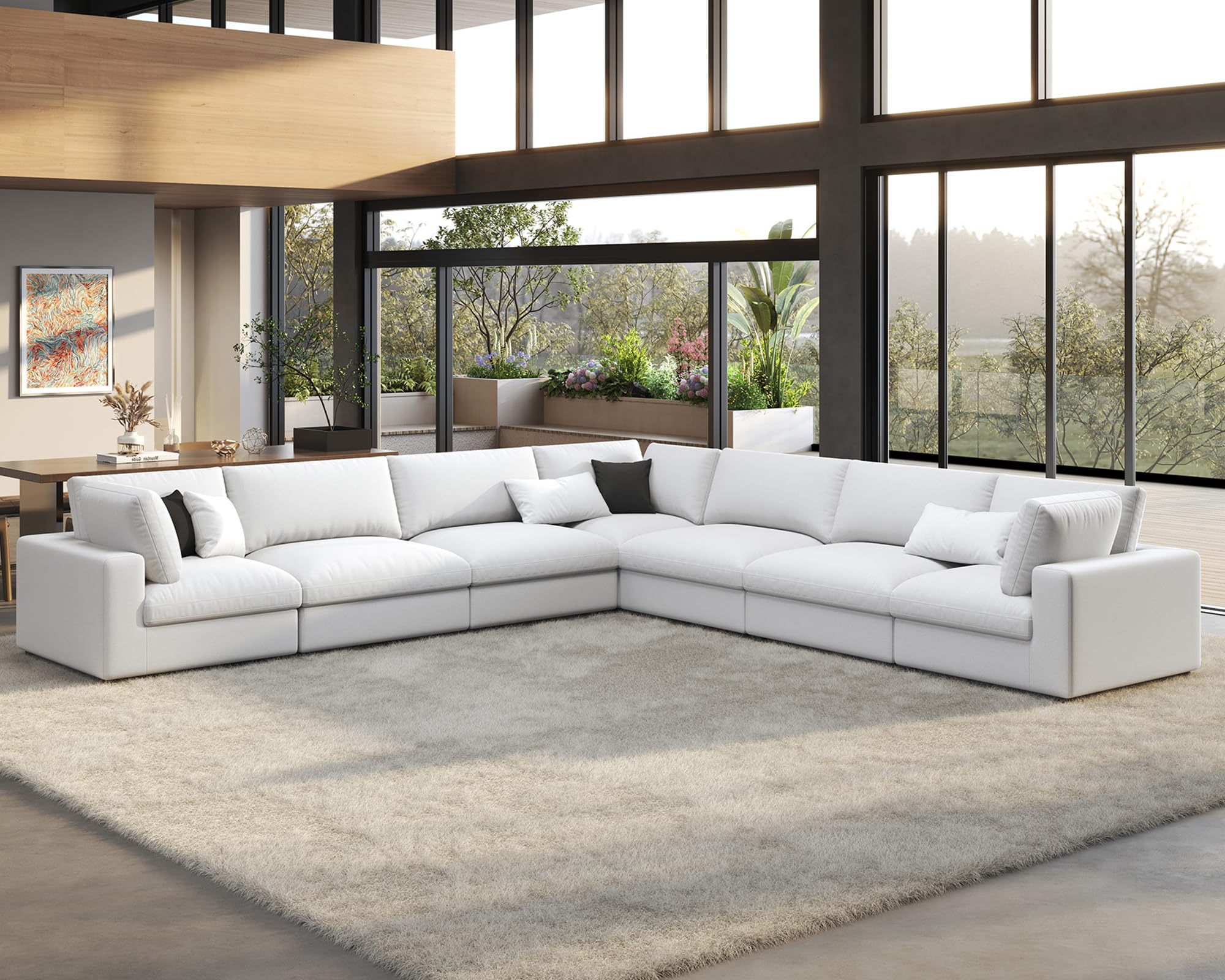 PaPaJet Modular Sectional Sofa, 152 Inches Down Filled Sectional Sofa, 7 Seats L Shaped Cloud Couch with Chaise, Ottoman, Oversized Couch for Living Room, Grey Linen Couch Set