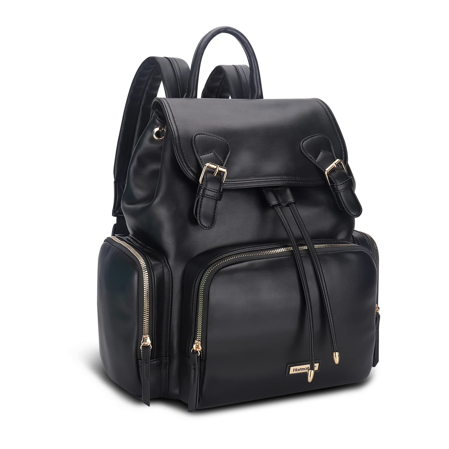 Hafmall Diaper Bag Backpack, Leather Diaper Backpack with 4 Insulated Pockets for Mom Dad, Stylish Baby Bag with Stroller Hooks, Travel Backpack for Mommy, Black Maternity Bag