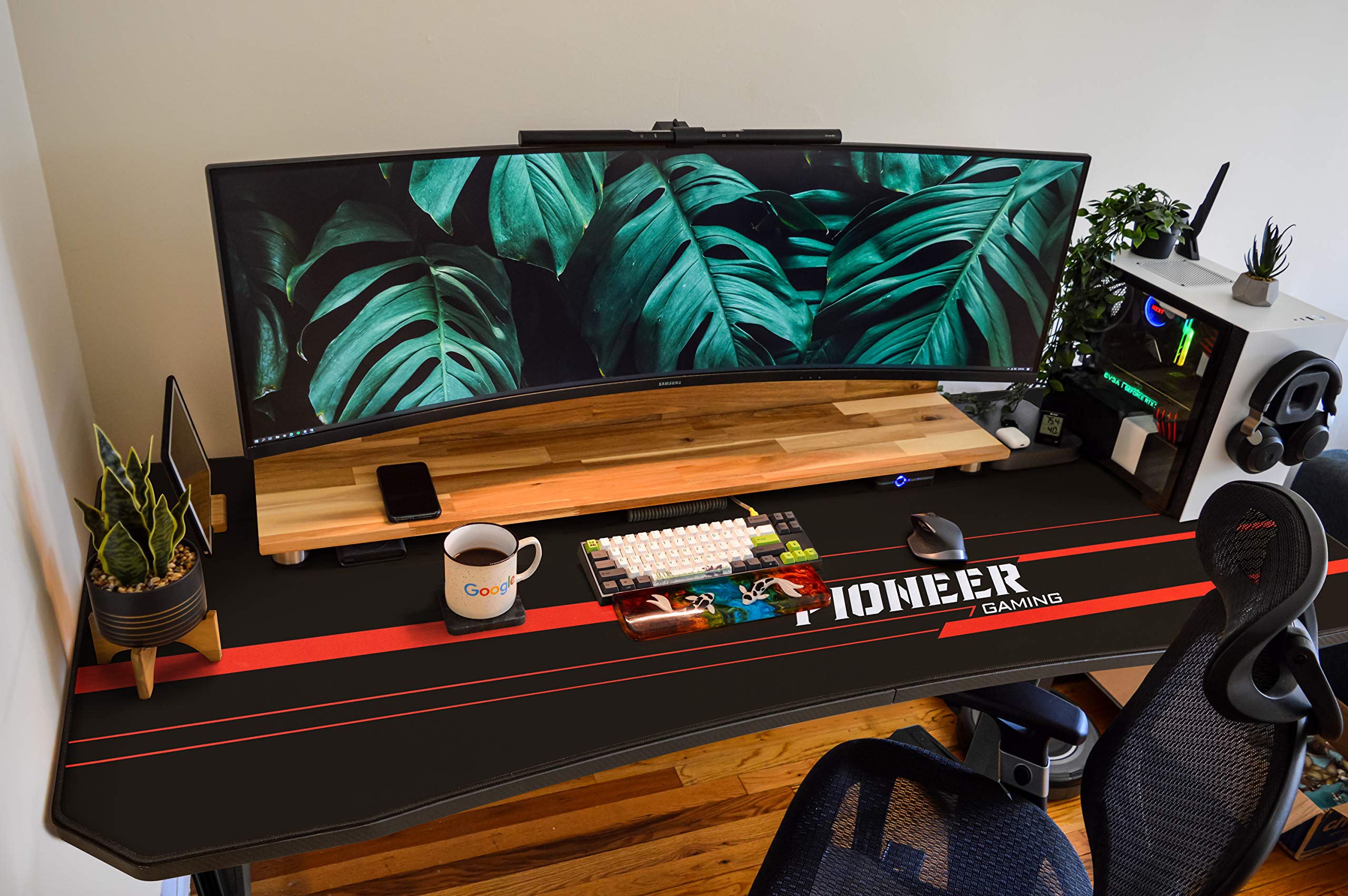 Devoko 55 Inch Gaming Desk T-Shaped PC Computer Table with Free Mouse Pad Carbon Fibre Surface Home Office Desk Gamer Table with Game Handle Rack Headphone Hook and Cup Holder (Black)