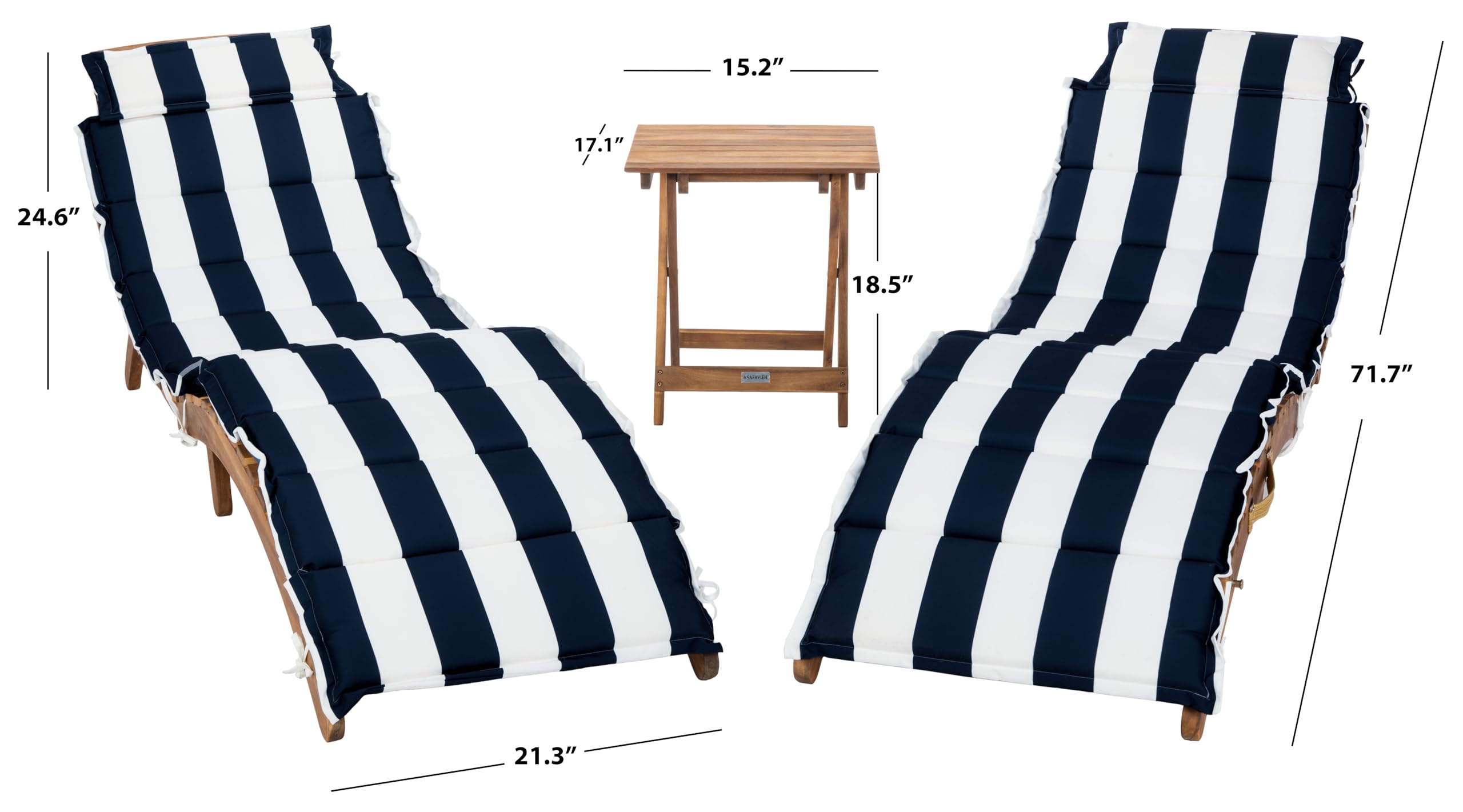 SAFAVIEH Outdoor Collection Pacifica Natural Brown Solid Wood/Navy & White Stripe Cushion 3-Piece Chaise Lounge Set with Table (PAT7020F)