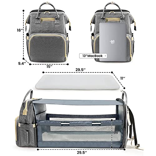 Kompoll Unisex Diaper Bag Backpack, Grey, Large Capacity, Waterproof, Padded Shoulder Straps, Reinforced Zippers, 5 Pockets with Insulated Function, Suitable for 0-24 Months