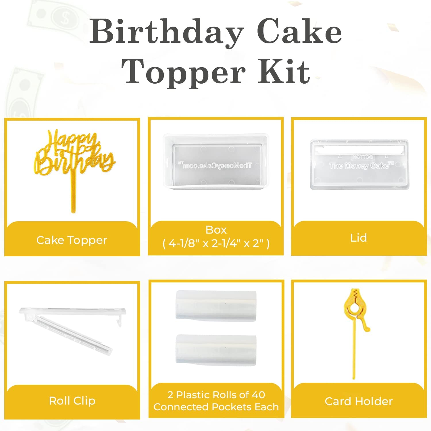 The Money Cake - Money Cake Pull Out Kit Includes 1 Money Box 2 Plastic Roll 40 Transparent Bag Connected Pocket Each, and 2 Surprise Cake Toppers for Birthday and Graduation Parties