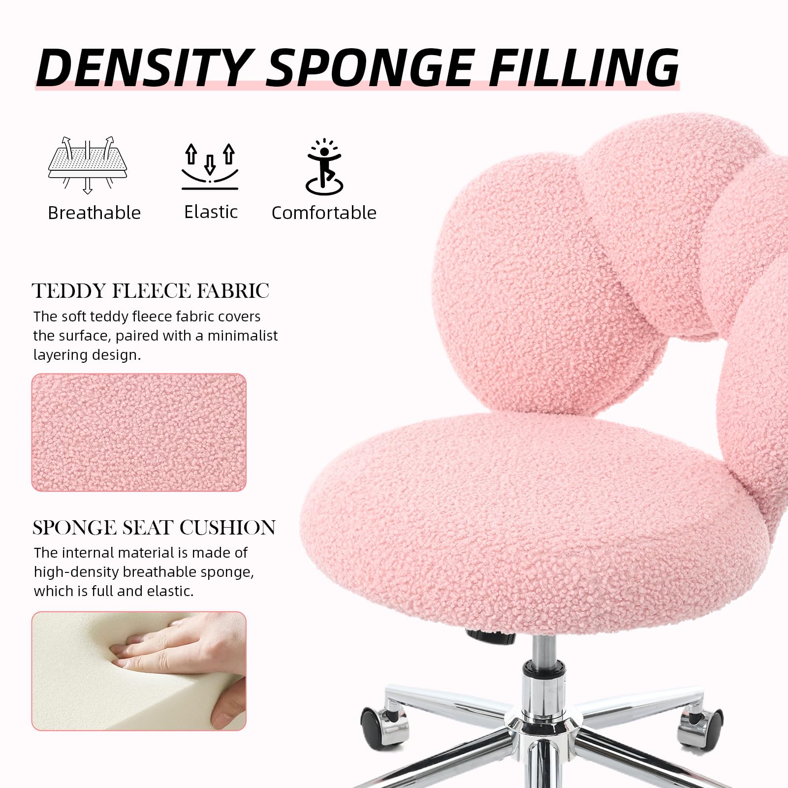Home Office Chair Criss Cross Chair with Wheels, Upholstered Chairs with 360 Swivel, Height Adjustable Swivel Computer Task Chairs for Living Room, Bedroom, Vanity, Study(Pink)