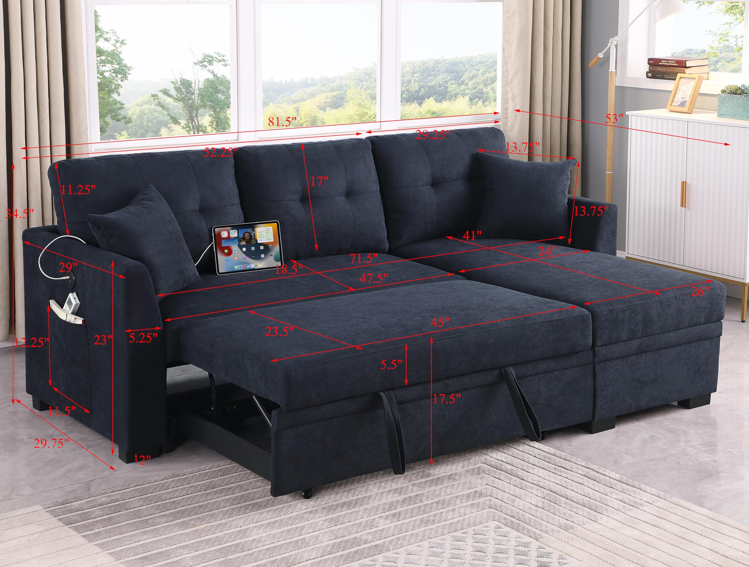 MODCART 81.5" L-Shape Convertible Sectional Sleeper Sofa with Storage Chaise & Pull-Out Bed,Linen Upholstered Corner Couch w/USB Charger Ports and Pocket for Living Room Apartment