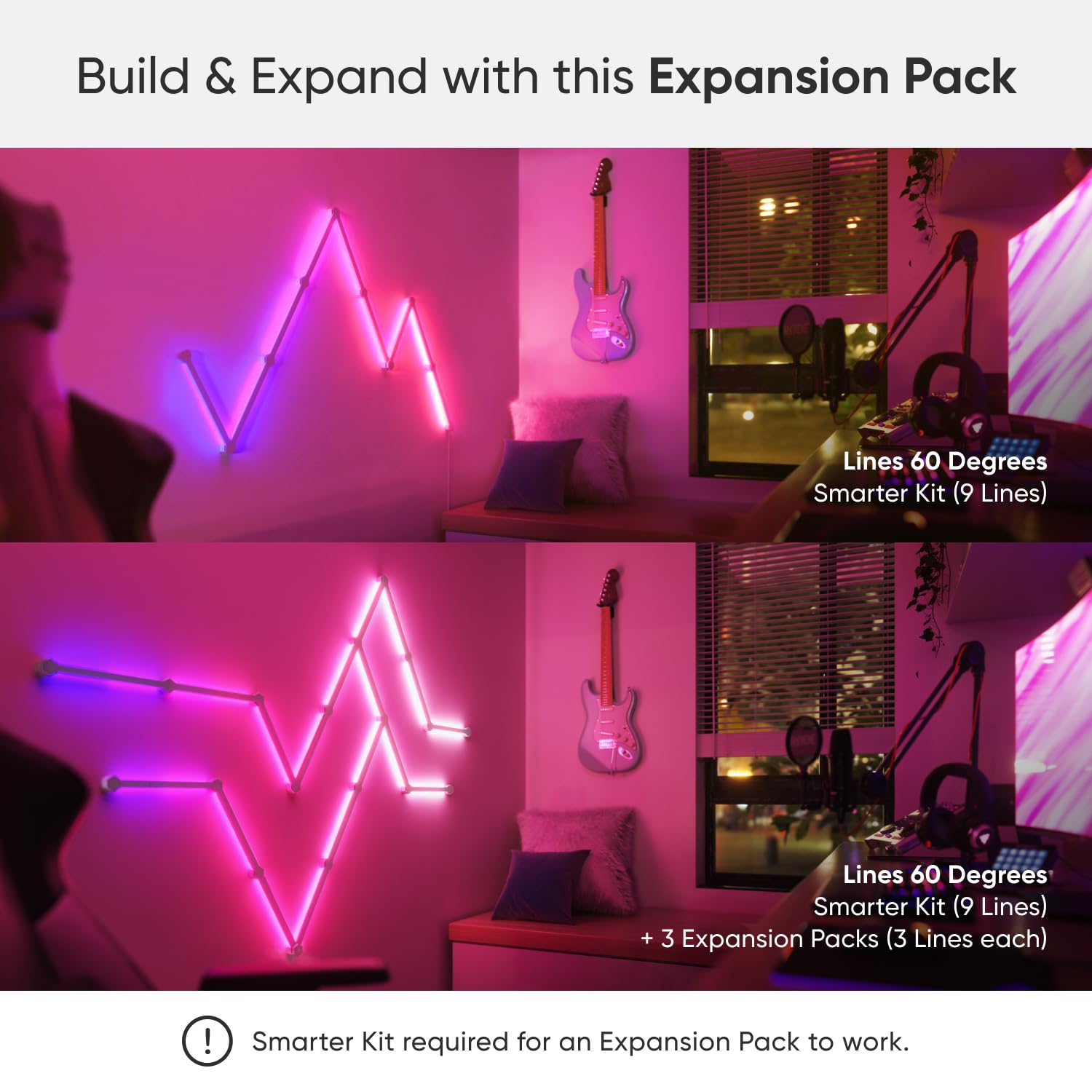 Nanoleaf Lines WiFi Smart RGBW 16M+ Color LED Dimmable Gaming and Home Decor Wall Lights Expansion Pack (3 LED Light Lines) (60 Degree Expansion (3 Pack))