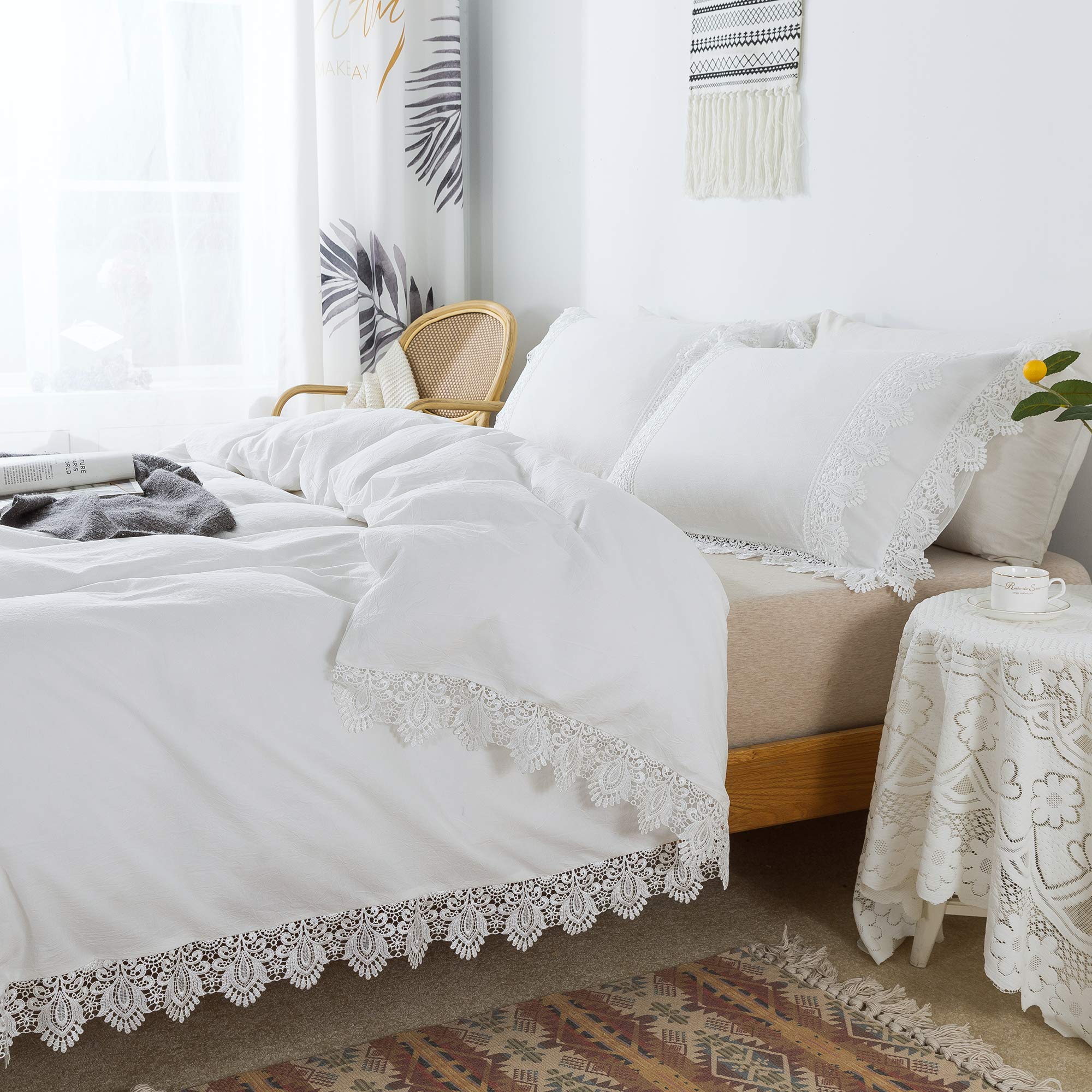 Softta Boho King Size White Lace Bedding Collection Ruffled Vintage 3pc Duvet Cover Set 100% Wahed Cotton Princess Grils Bedding Sets