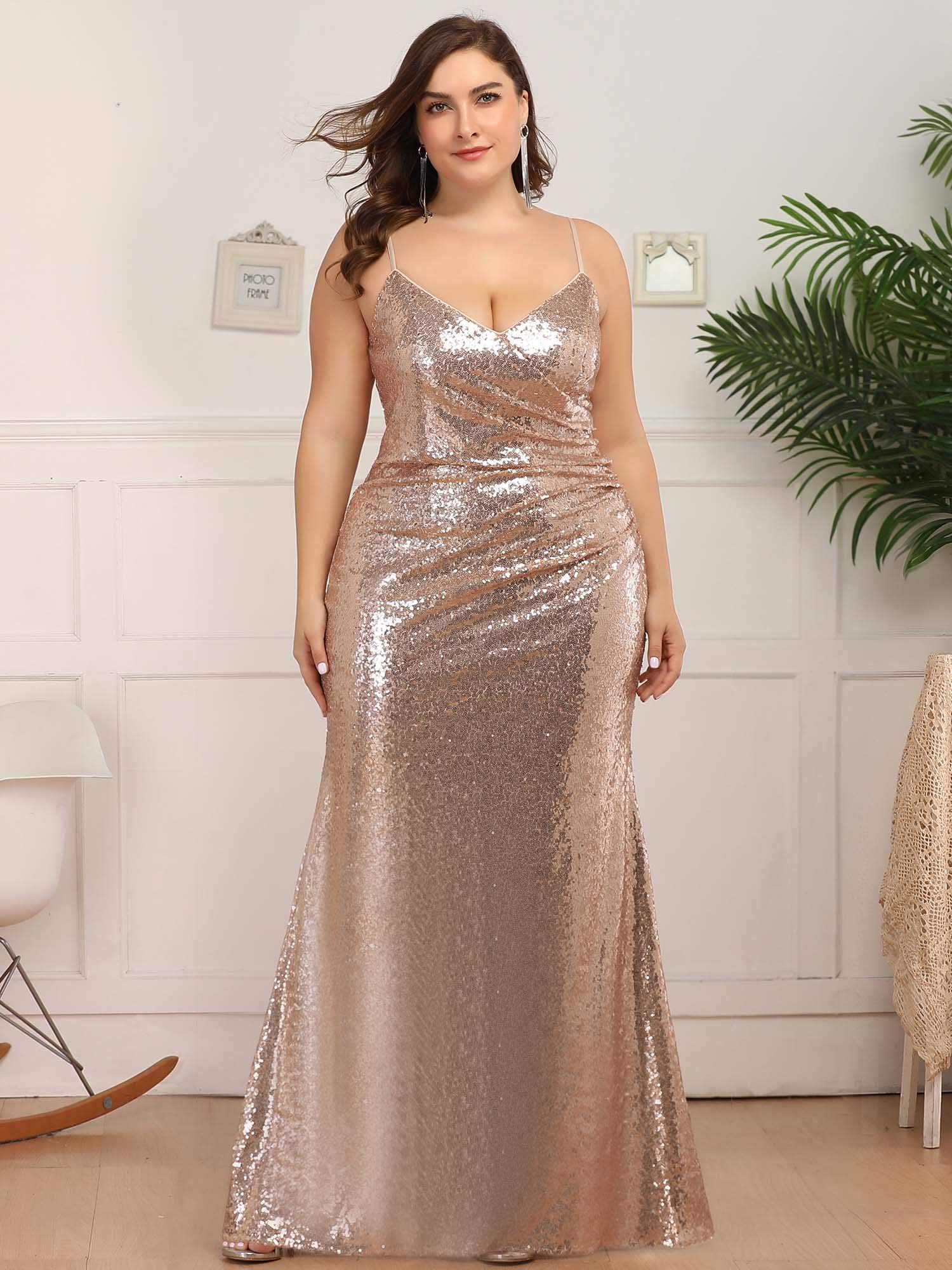 Ever-Pretty Women's Mermaid Spaghetti Straps Plus Size Fall Dresses for Curvy Women Gold US22