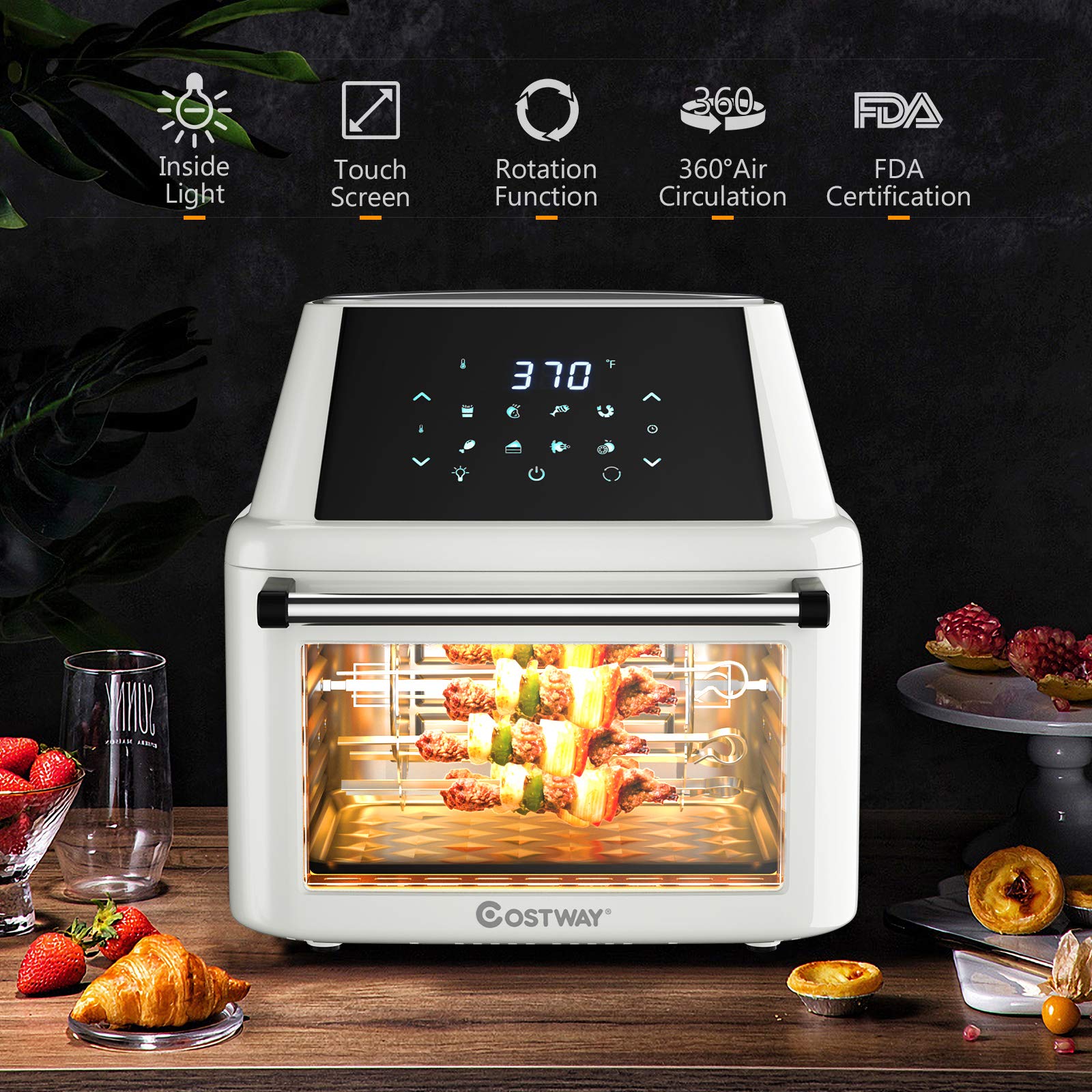 COSTWAY 8-in-1 Air Fryer Oven, Multifunctional Programmable 19QT Cooking Oven with 10 Accessories, Rotisserie, 8 Pre-set Recipe, LED Digital Touchscreen, Viewing Window, 1800W (White)