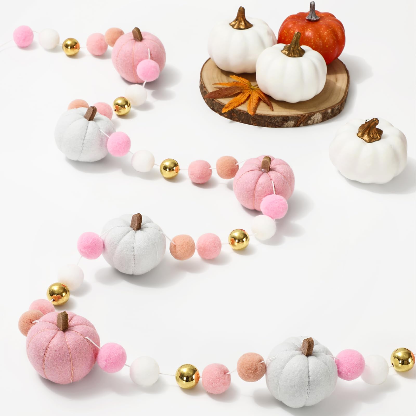 JarThenaAMCS 8.2Ft Fall Felt Garland 3D Pink White Pumpkin with Gold Bead Hanging Banner Colorful Pom Ball Banner for Autumn Thanksgiving Party Supplies Home Wall Decor