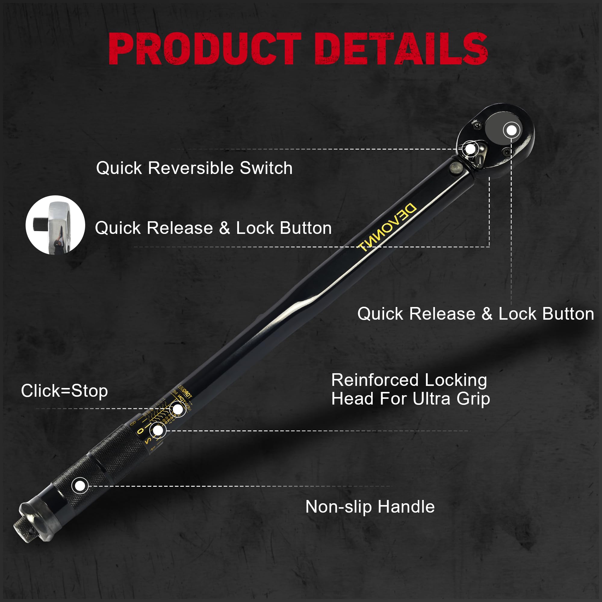 DEVONNT 1/2 Inch Drive Torque Wrench - 20-155 ft.lb/28-210 Nm, Dual-Direction Adjustable 72 tooth Click Torque Wrench with Buckle for Bicycle, Moto, Car Maintenance.Black