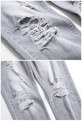 LZLER Mens Ripped Jeans,Distressed Destroyed Slim Fit Straight Leg Denim Pant with Holes(Light Grey 870,34)