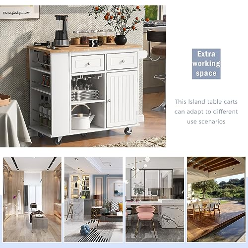 Lunanniu Rolling Kitchen Island with Power Outlet Drop Leaf Wine Glass Holder- 5 Wheels Side Storage Cabinet & Drawers for Home Kitchen Room Rubber Wood Top Moveable Portable Kitchen Cart White