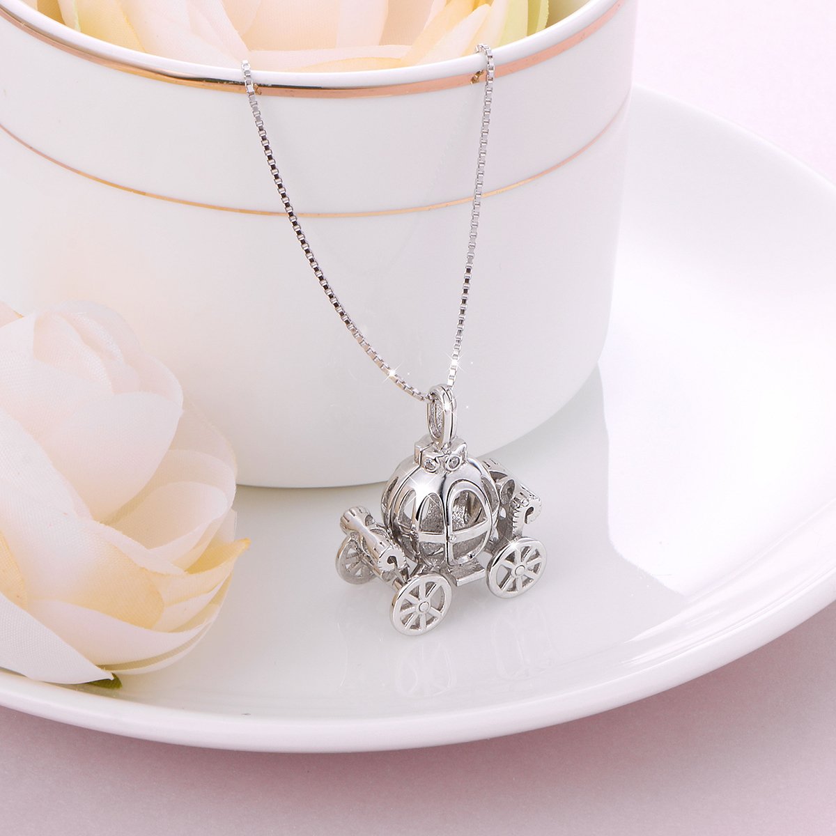 DAOCHONG 925 Sterling Silver Pumpkin Carriage Pendant Necklace,18",Box Chain