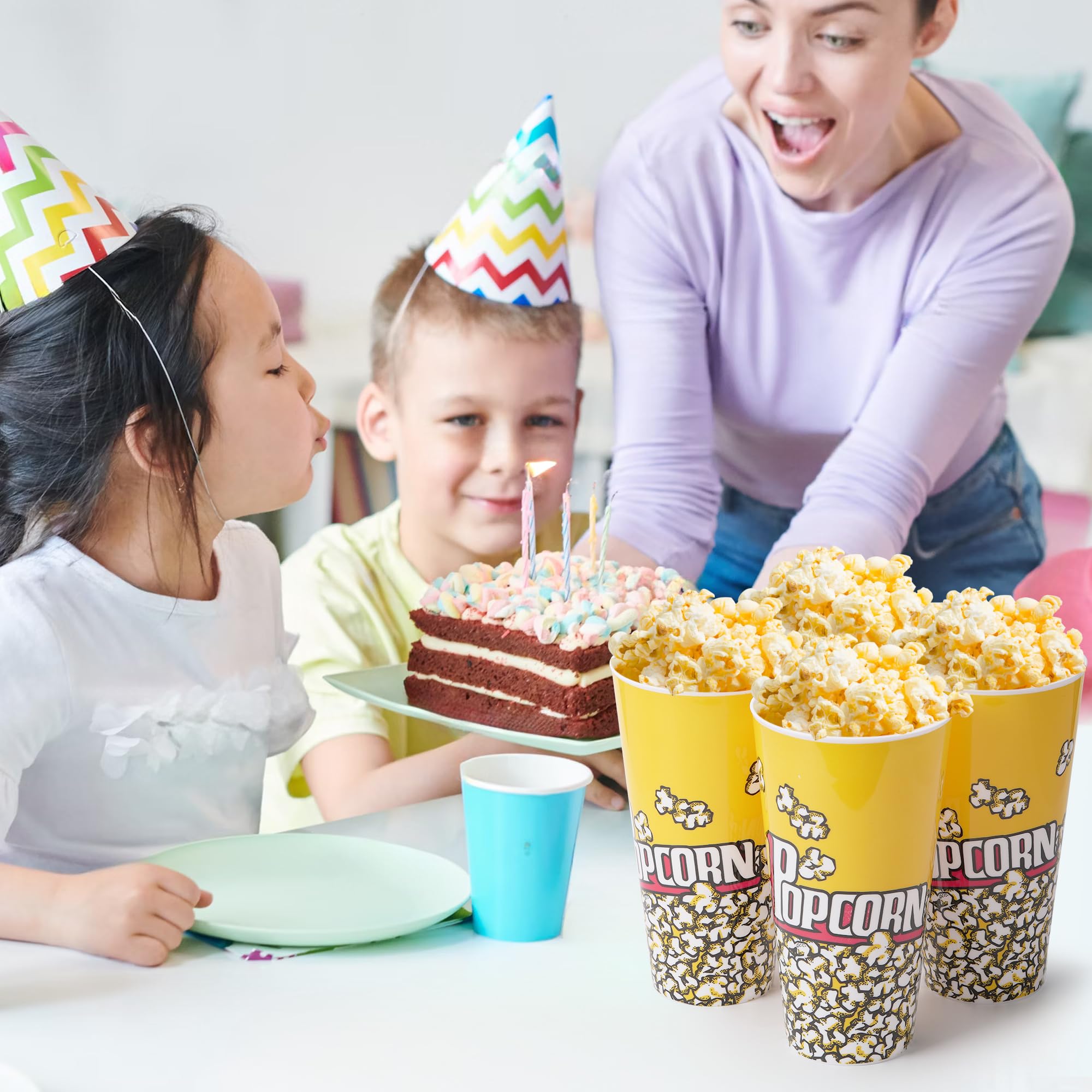 KORCCI Plastic Popcorn Containers 4Packs-Reusable Popcorn Bucket Retro Style for Movie Night, Classic Popcorn Bowl, 7.7"Tall x 4.4"Top Diameter,32oz