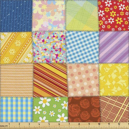 Lunarable Colorful Fabric by The Yard, Quilt Style Floral Plaid and Geometric Design Old Fashioned Patchwork Pattern, Decorative Fabric for Upholstery and Home Accents, 2 Yards, Multicolor