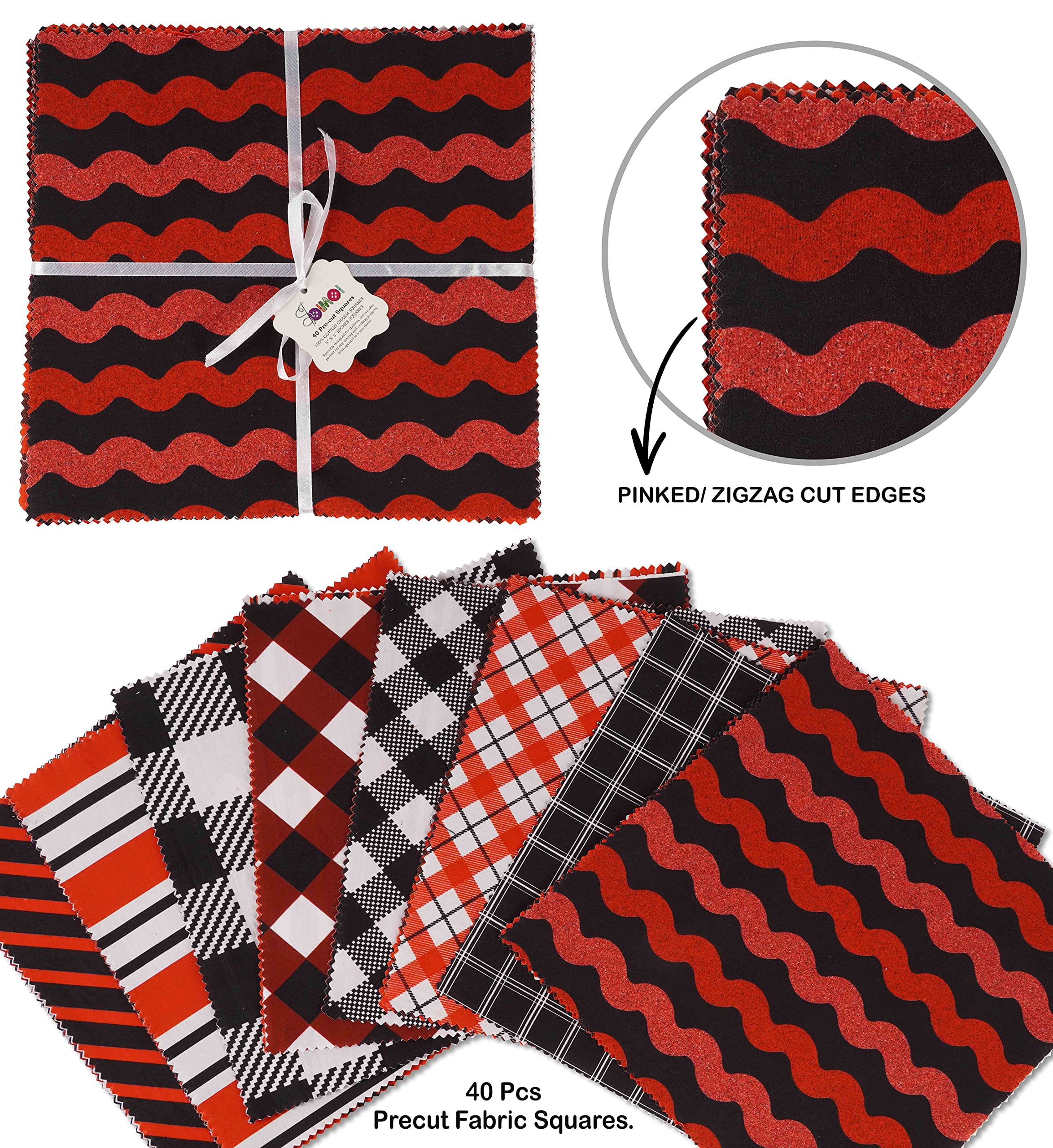 Soimoi Stripes Print Precut 5-inch Cotton Fabric Quilting Squares Charm Pack DIY Patchwork Sewing Craft- Red