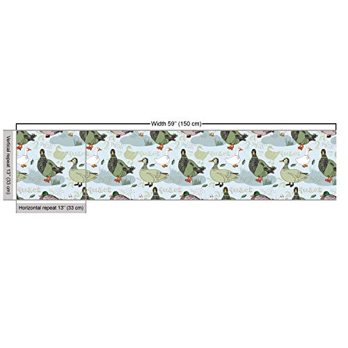 Lunarable Geese Fabric by The Yard, Ducks Fowl on The Farm with Greenery Leaves Etching Illustration Design Print, Decorative Fabric for Upholstery and Home Accents, 1 Yard, Olive Green