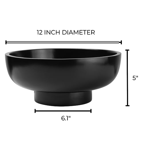 IVE Design Black Wood Fruit Bowl for Kitchen Counter, 12-inch Diameter Large Wooden Fruit Bowl, Natural Rubber Wood, Black Decorative Bowl Fruit Holder