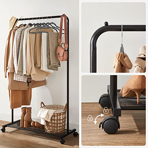 SONGMICS Clothes Rack and Garment Rack on Wheels Bundle, Heavy Duty Clothing Racks, Steel, Extendable Rail, Storage Shelf, Black and Chrome UHSR25BK and UHSR11S