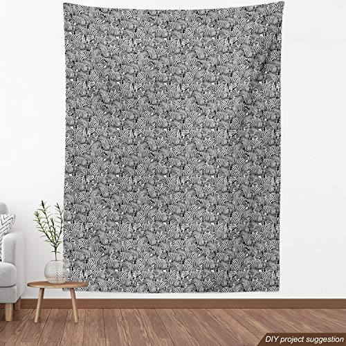 Lunarable Zebra Fabric by The Yard, Savannah Fauna Herd with Black Stripes Design Monochrome Illustration, Decorative Fabric for Upholstery and Home Accents, 1 Yard, Black and White