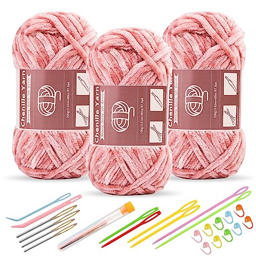 LUNARM 3 * 100g Chenille Yarn, Yarn for Crocheting Knitting with Big Eye Needles, Handcrafts Weaving Soft Chenille Yarn for Making Blankets, Clothes, Pattern Knitting Creations (Peach Pink)