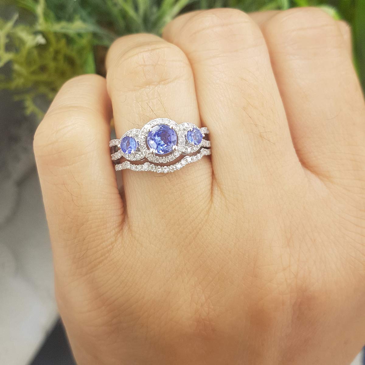 Dazzlingrock Collection Round Tanzanite & White Diamond Ladies 3 Stone Halo Wedding Ring Set 14K White Gold, Size 6