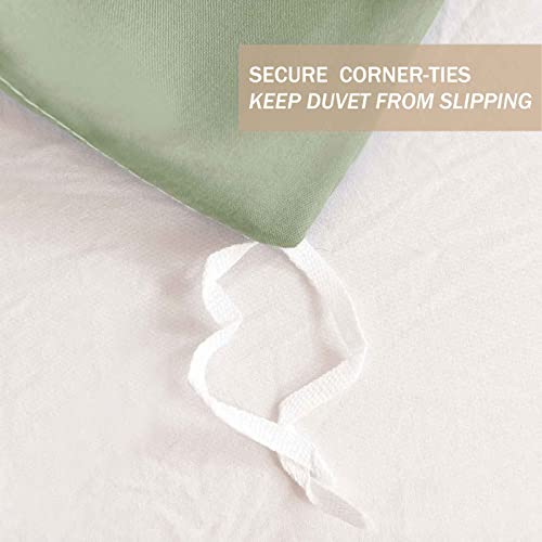 Nanko Queen Duvet Cover Set Sage Green Light Green 3pc 90x90 Luxury Microfiber Comforter Quilt Bedding Cover with Deco Buttons Zip Closure Ties - Modern Elegant Style for Men and Women Chambray Teen