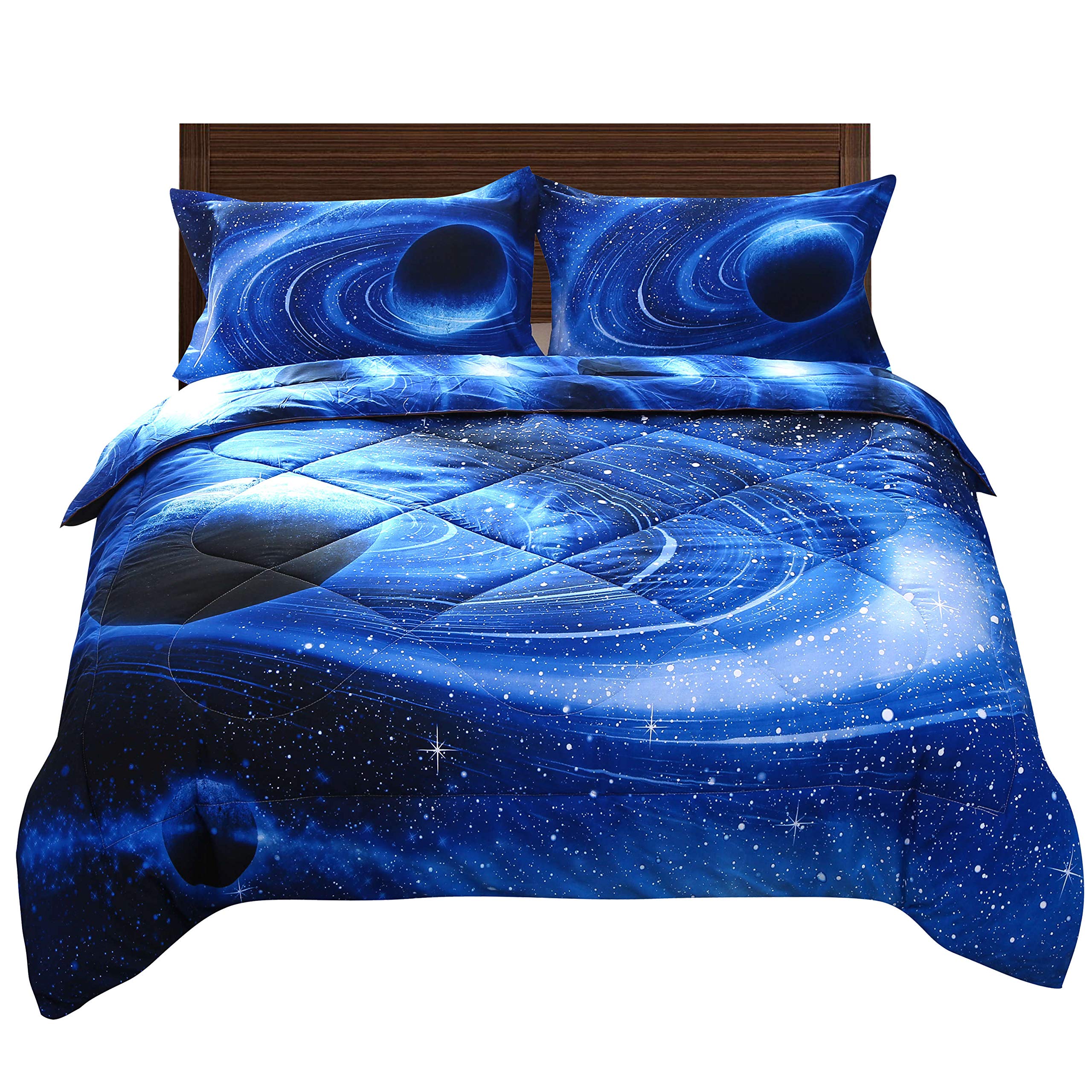 DECMAY Blue Space Bedding Kids 3D Galaxy Comforter Set with Bedroom Pillow Cover Super Soft Fabric Starry Sky Quilt Gift for Boys and Girls Twin (1Comforter&2Pillow Shams)