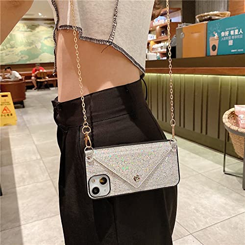Wow Case Series Compatible with iPhone 13 Pro Max Case 6.7 Inch Released 2021, with Card Holder, Crossbody Chain, Shockproof Protective Bumpers Phone Cover Defender (Glitter Shining White Silver)