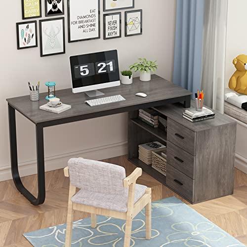 Homsee Home Office Computer Desk Corner Desk with 3 Drawers and 2 Shelves, 55 Inch Large L-Shaped Study Writing Table with Storage Cabinet - Dark Gray & Black