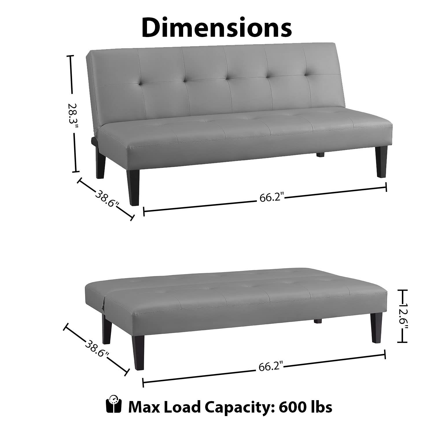Naomi Home Gray Faux Leather Futon Sofa Bed, Modern Convertible Sofa with Wooden Legs, Reclining Small Couch Bed, Durable and Sturdy, 66'D x 32'W x 31'H